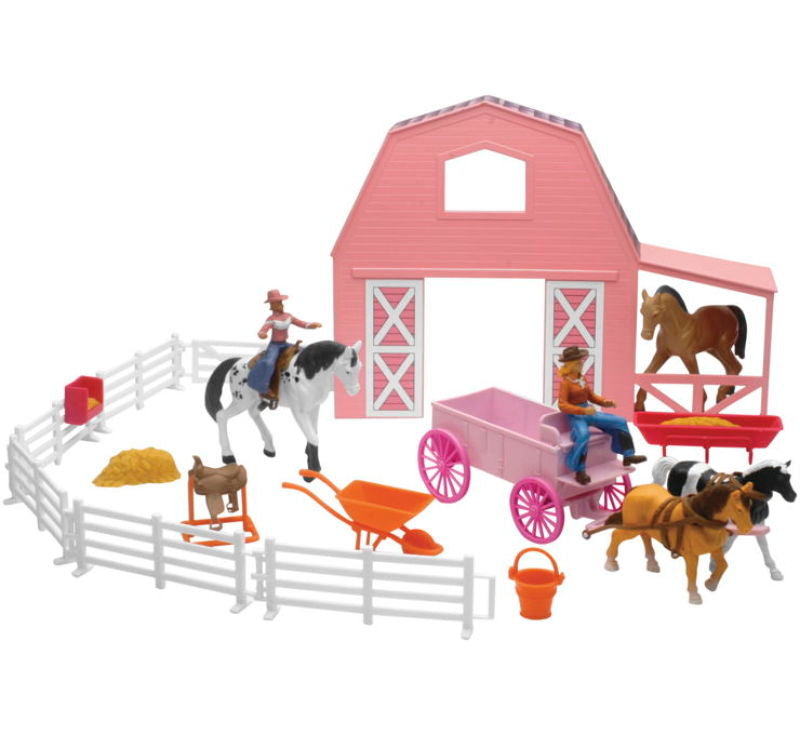 New Ray Toys Valley Ranch Set with Pink Barn, Horses, Cowgirls and Fen